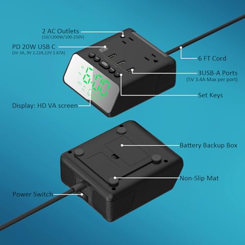 Electronic Alarm Clock with USB Charger Power Strip, 6FT Power Cord Alarm Clock Charging Station with 4 USB Ports and 2 Outlets for Bedside, Home, Hotel (Adjustable Brightness, ON/Off Switch)