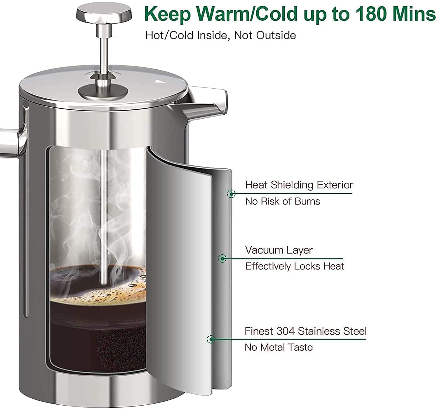 French Press Coffee Maker,Espresso And Tea Maker with Triple Filters,Stainless Steel 304 with Double-Wall Insulated Coffee Presser And Tea Pot