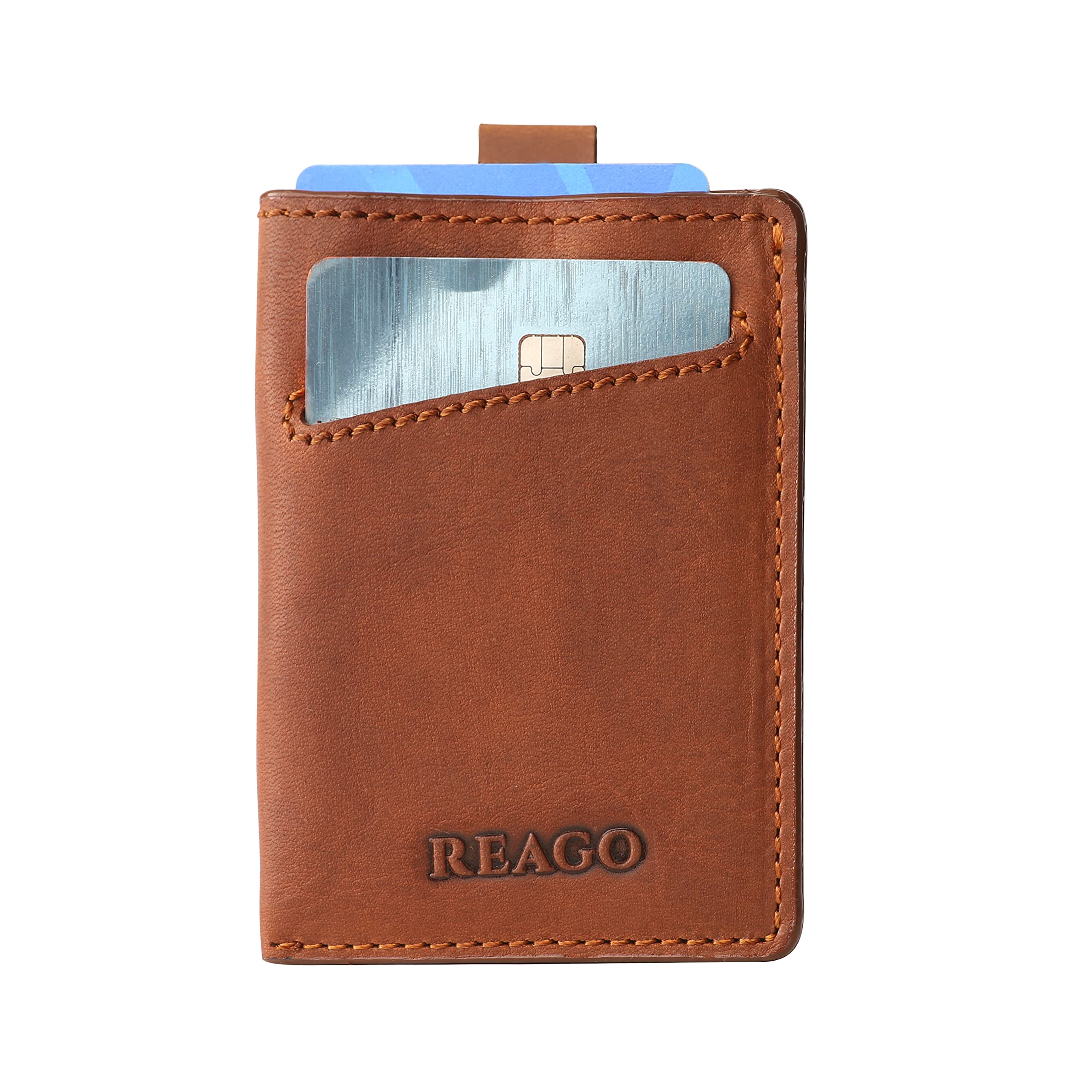 REAGO Handcrafted Front Pocket RFID Crazy Horse Leather Wallet for Men Women, Credit Card Holder, Strong Stitching, Slip Pocket, Slim Minimalist Wallet