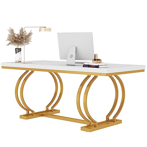 Tribesigns 70.9" Executive Desk, Large Modern Office Desk Computer Desk with Gold Metal Frame, Conference Table Meeting Room Table for Home Office, White and Gold