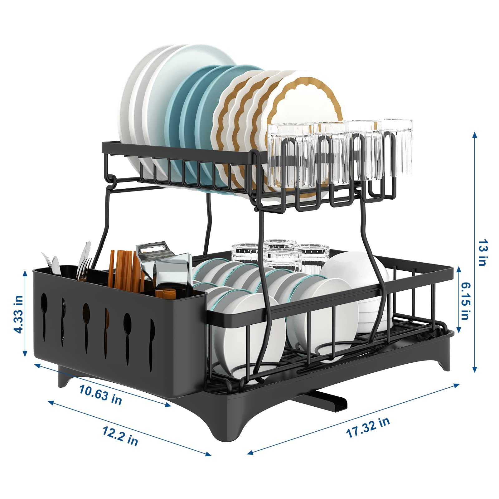 CLOMOOXI Dish Drying Rack, 2-Tier Detachable Dish Racks for Kitchen Counter, Stainless Steel Kitchen Drying Rack with a Cutlery Holder and Cup Holder, Drying Rack for Dishes, Knives, Spoons, Forks
