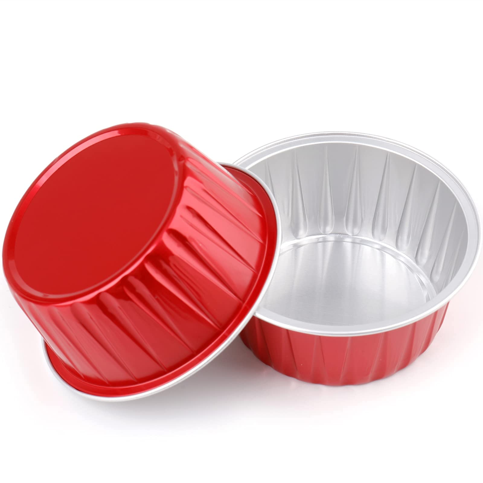 DEAYOU 100 Pack Aluminum Foil Ramekins with Lids, 5oz Muffin Cupcake Baking Liners Cups, 3" Round Disposable Recyclable Tart Pie Tin Pan Holder for Pudding, Party, Wedding, Oven Freezer Safe, Red