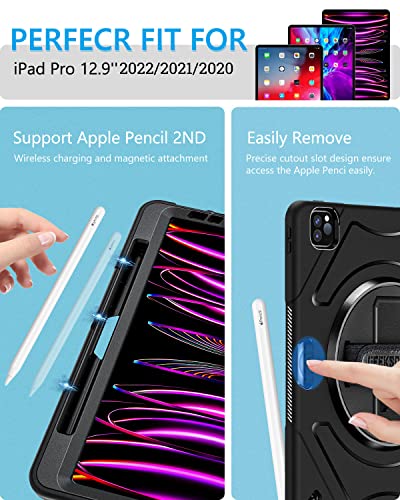 GEEKSDOM STOCK Case Compatible with iPad Pro 12.9 Inch, Heavy Duty Military Grade Drop Tested Shockproof Full Body Protection with Kickstand & Strap Case for iPad Pro 6th Gen 12.9 2022/2021/2020