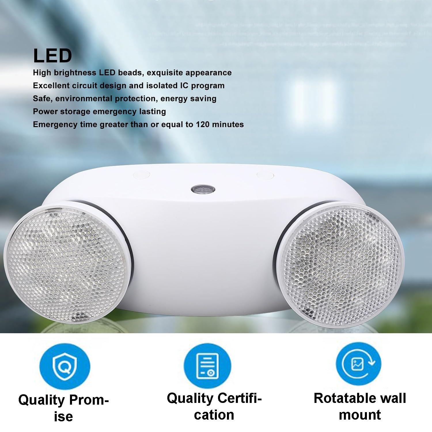 Dussdote LED Emergency Light, Two Head Adjustable Commercial Emergency Lighting Fixtures with Battery Backup US Plug 85‑265V