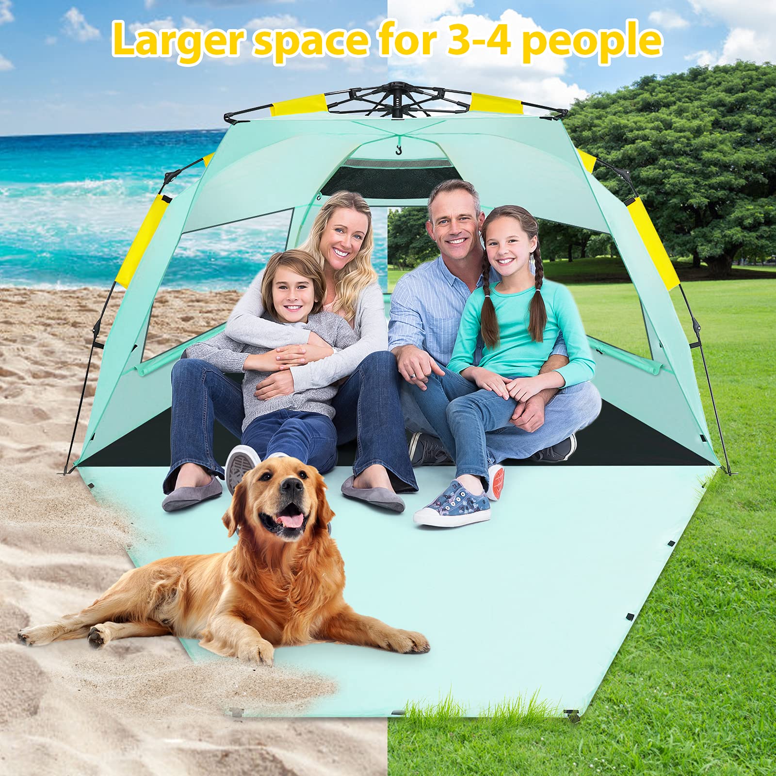 BRGOOD X-Large 4 Person Beach Tent Sun Shelter, Pop Up Tent Instant Tent for Beach Extendable Floor with 3 Ventilating Windows for Camping, Outdoor, Beach Waterproof Windproof with Carrying Bag