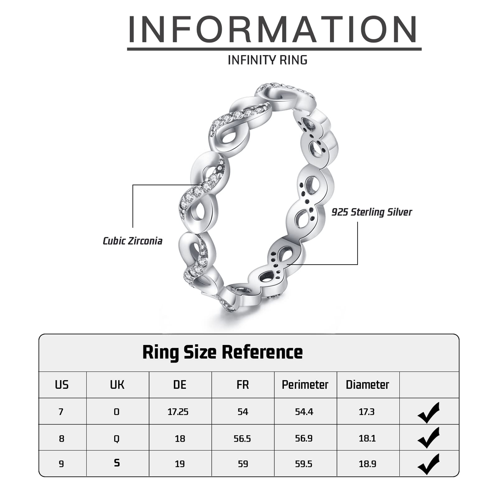 Coachuhhar Infinity Ring for Women 925 Sterling Silver Promise Eternity Band Rings Infinity Jewelry