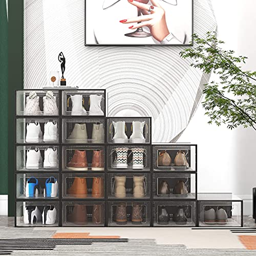 SEE SPRING 12 Pack Medium + 12 Pack X-large Shoe Storage Box, Clear Plastic Stackable Shoe Organizer for Closet, Space Saving Foldable Shoe Containers Bins Holders (Black Clear)