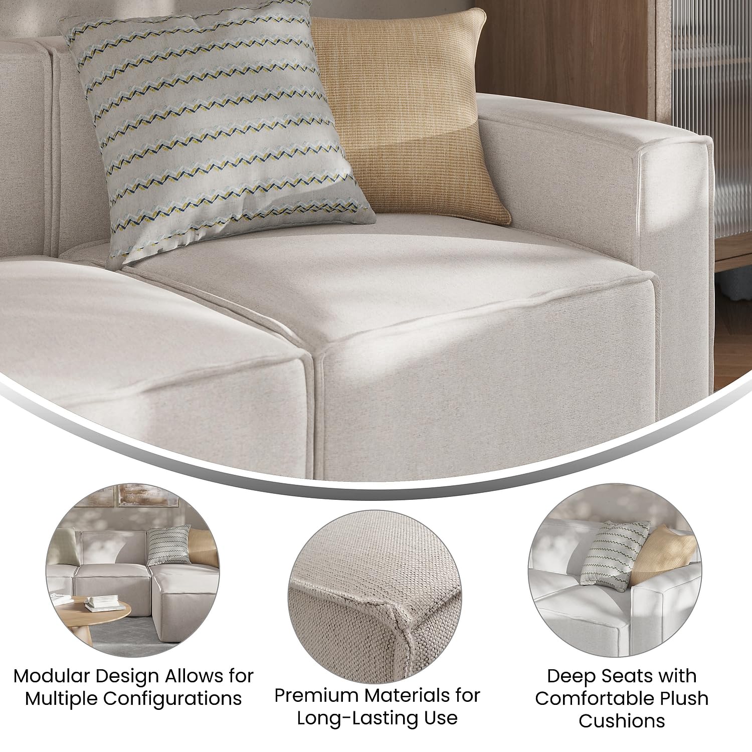 Flash Furniture Bridgetown Fabric Right Chair Module for Sectional Sofa, Customizable Modular Couch Right Seat with Arm Rest, Cream