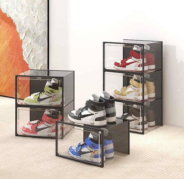 SEE SPRING 6 Pack Shoe Storage Box, Clear Plastic Stackable Shoe Organizer for Closet, X-Large Shoe Containers Bins Holders for Display Sneaker Fit up to Size 14 (Black)