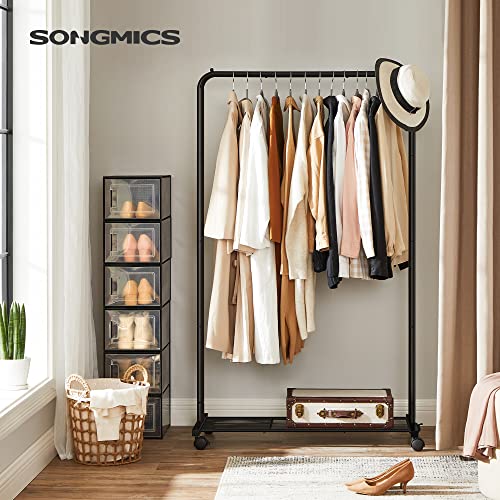 SONGMICS Rolling Clothes Rack and 30-Pack Velvet Hangers Bundle, Garment Rack with Wheels and a Mesh Shelf, Non-Slip Coat Pants Hangers with Adjustable Clips, Black UHSR25BK and UCRF12B30
