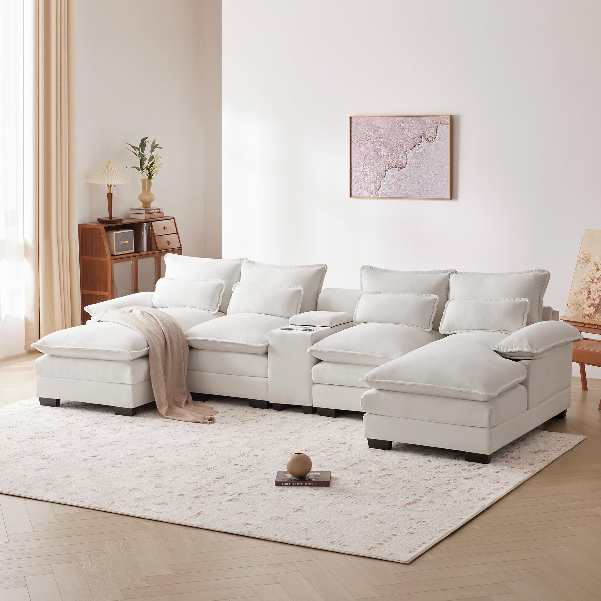 GNNIXUU 123" Modular Sectional Sofa Couch for Living Room, Modern Comfy U-Shaped Sectional Cloud Couch with Console, Cupholders and USB Ports, Chenille 4 Seat Couch Set with Chaise(White)