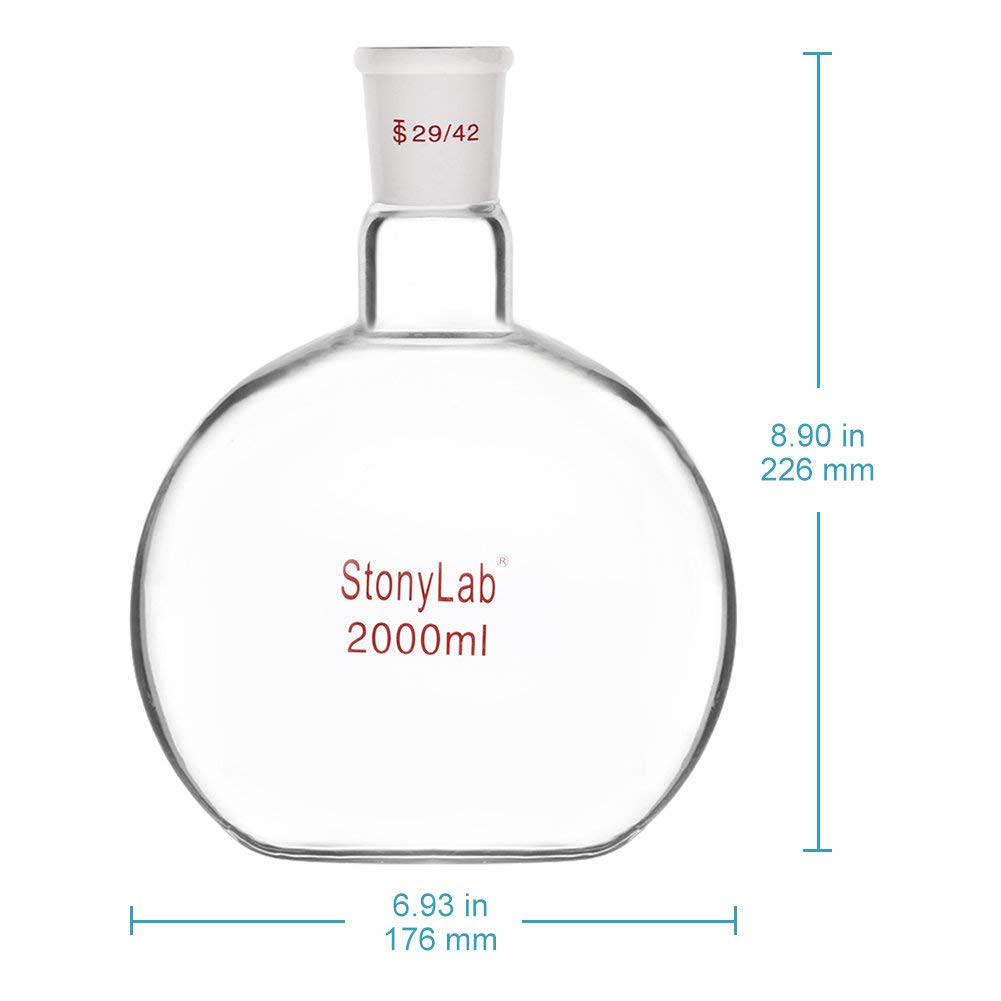 stonylab Heavy Wall Single Neck Borosilicate Glass Flat Bottom Boiling Flask, with 29/42 Standard Taper Outer Joint, 2000ml