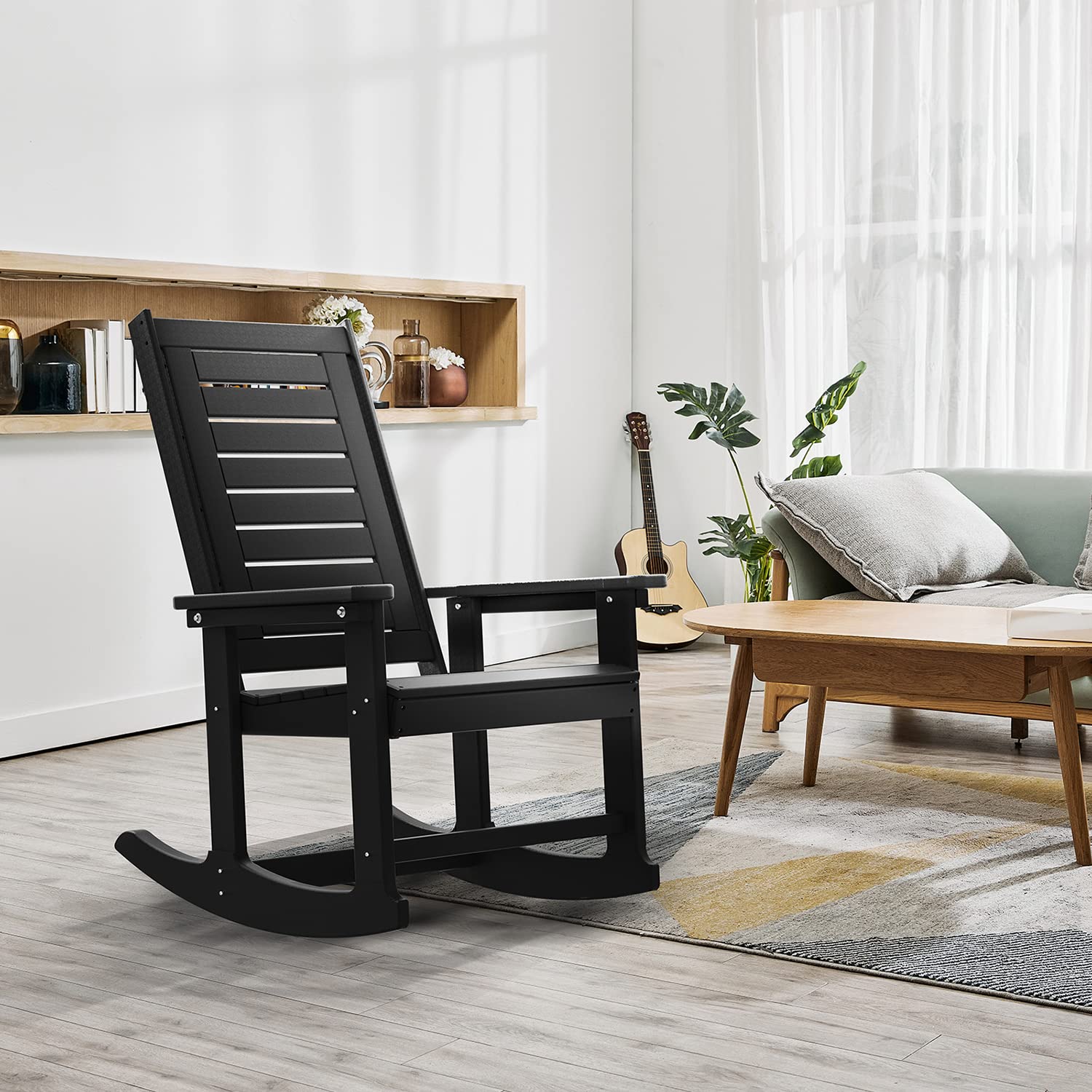 GREENVINES Oversized Rocking Chair, All Weather Resistant Outdoor Indoor Fade-Resistant Patio Rocker Chair,Stable Durable Smooth Rocking, Comfortable Easy to Maintain, Load Bearing 350 lbs (Black)
