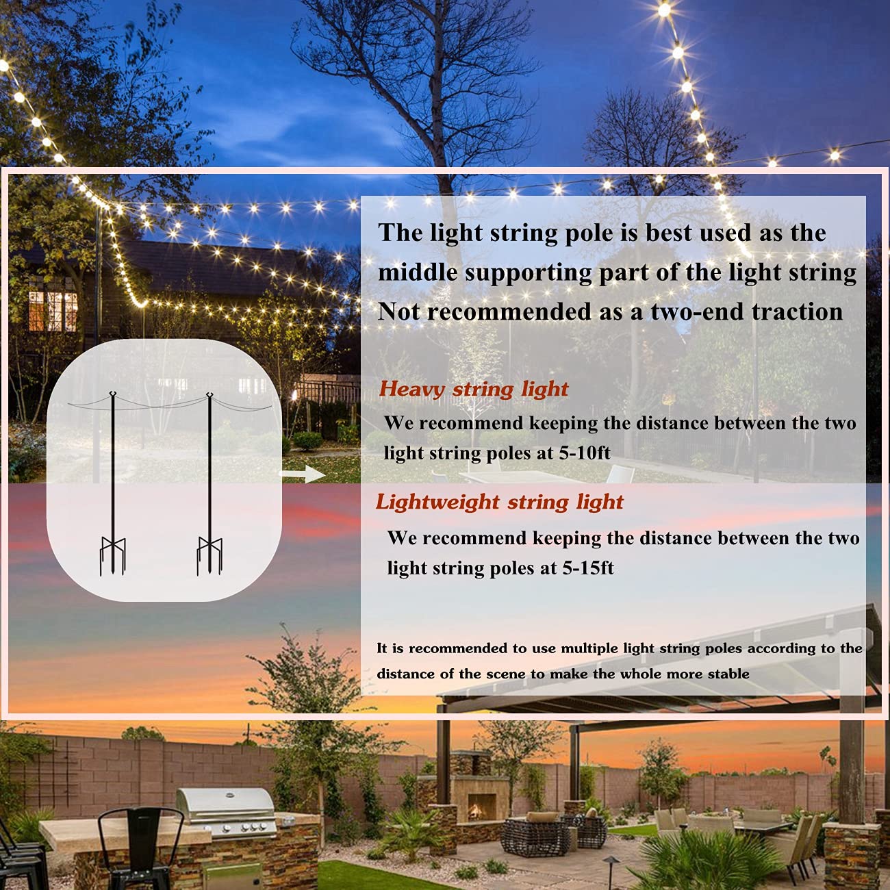 String Light Poles Outdoor with 5 Prong Fork Holiday Steel Light Pole Patio Lights Pole Garden Backyard Birthday for Parties Cafe Patio Wedding Party Terrace Decoration (Steel Pole - 1 Pack)