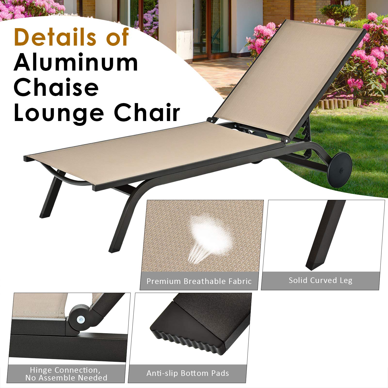 Tangkula Outdoor Aluminum Chaise Lounge, Patio Lounge Recliner Chair w/6 Adjustable Backrest, Reclining Chaise Chair with Wheels for Beach, Yard, Balcony, Poolside (2, Brown)