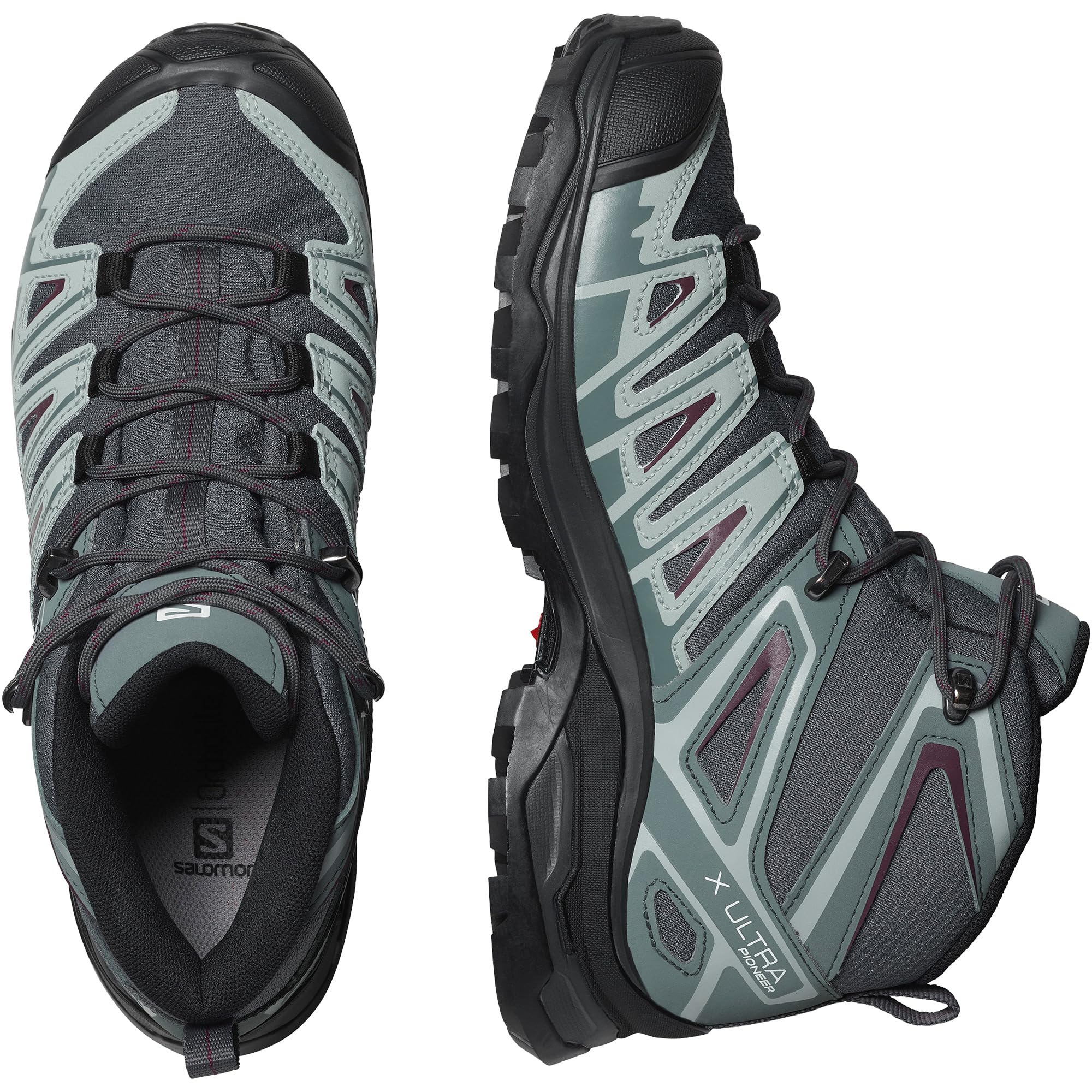 Salomon Women's X ULTRA PIONEER MID CLIMASALOMON™ WATERPROOF Hiking Boots for Women, Ebony / Stormy Weather / Wine Tasting, 9