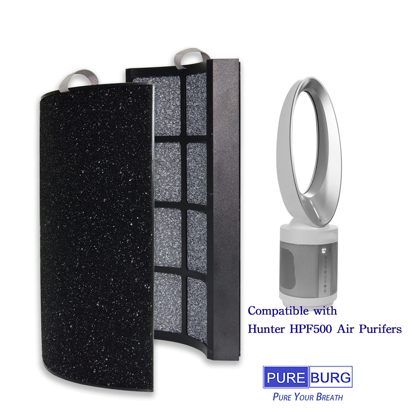 PUREBURG Replacement Filter Set Compatible with Hunter HPF500 Tower Air Purifier, 2-Pack H13 HEPA + 8 Activated Carbon Pre-Filters Air Clean Dust VOCs