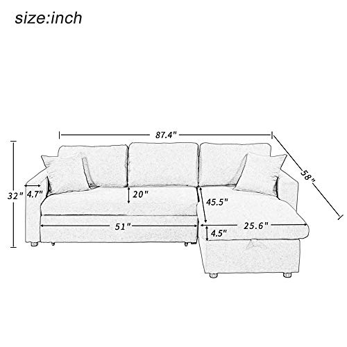 LUMISOL Sectional Sleeper Sofa with Pull Out Bed, L-Shaped Corner Sofa with Storage Chaise, Reversible Sofa Couch, 2 Toss Pillows for Living Room, Apartment
