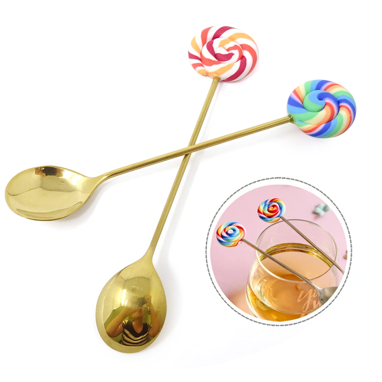 Honbay 4PCS Creative Lollipop Stainless Steel Spoon Coffee Spoon Dessert Spoon Ice Cream Spoon Sugar Spoon Mixing Spoon for Home, School, Office or Restaurant