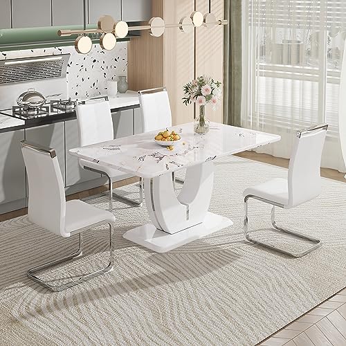 LKTART 63'' White Dining Table Imitation Marble Grain Kitchen Table for Kitchen Dining Room Meeting Room