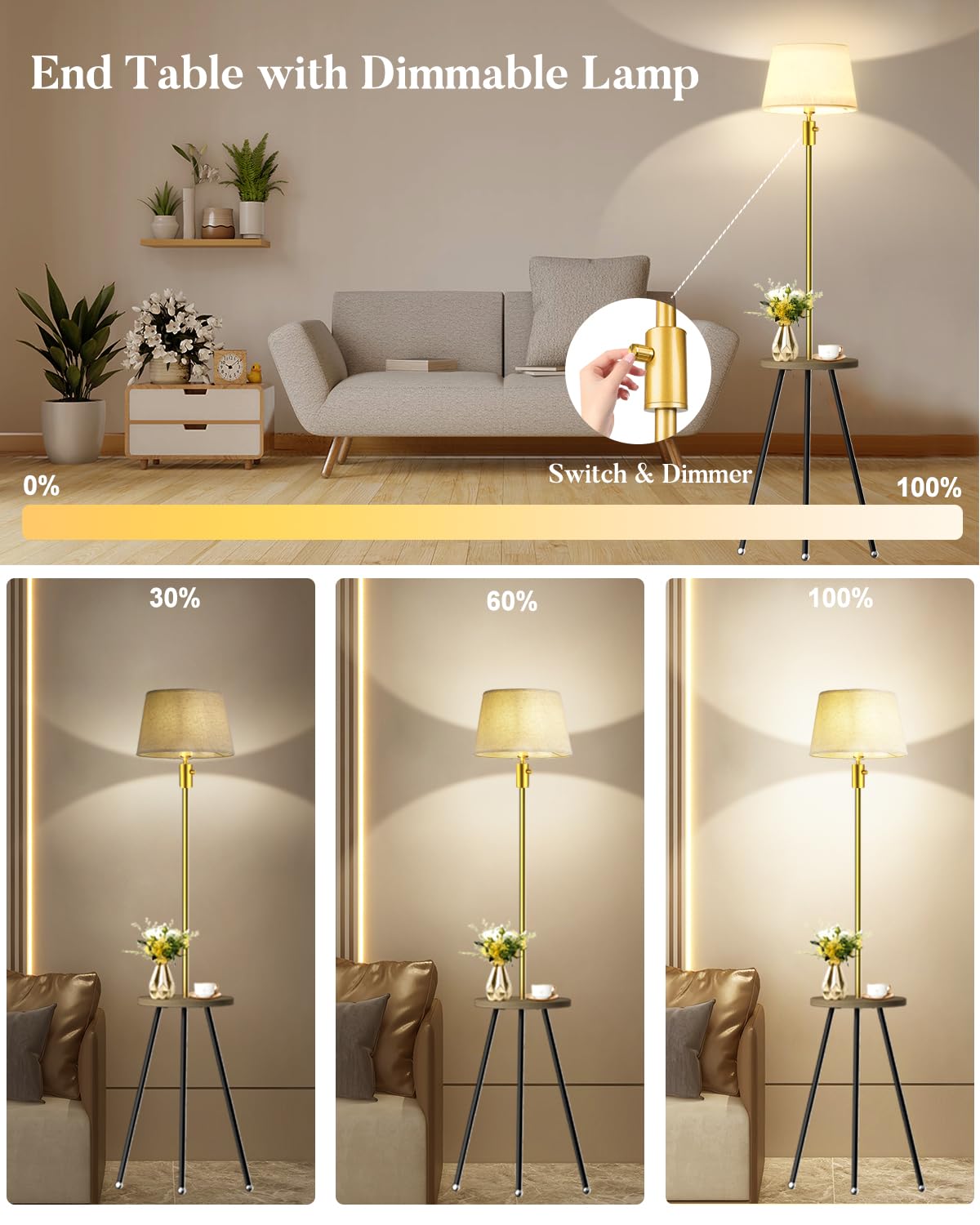 bulbeats 61IN Dimmable Floor Lamp with Shelves, Display Shelf Floor Lamp with Fabric Shade, E26 Bulb, Corner Storage Standing Tall Lamp for Living Room, Bedroom, Office, Bedside