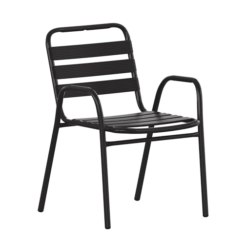 Flash Furniture Lila Commercial Restaurant Stack Chair with Triple Slat Back and Arms, Indoor-Outdoor Dining Chair, Black