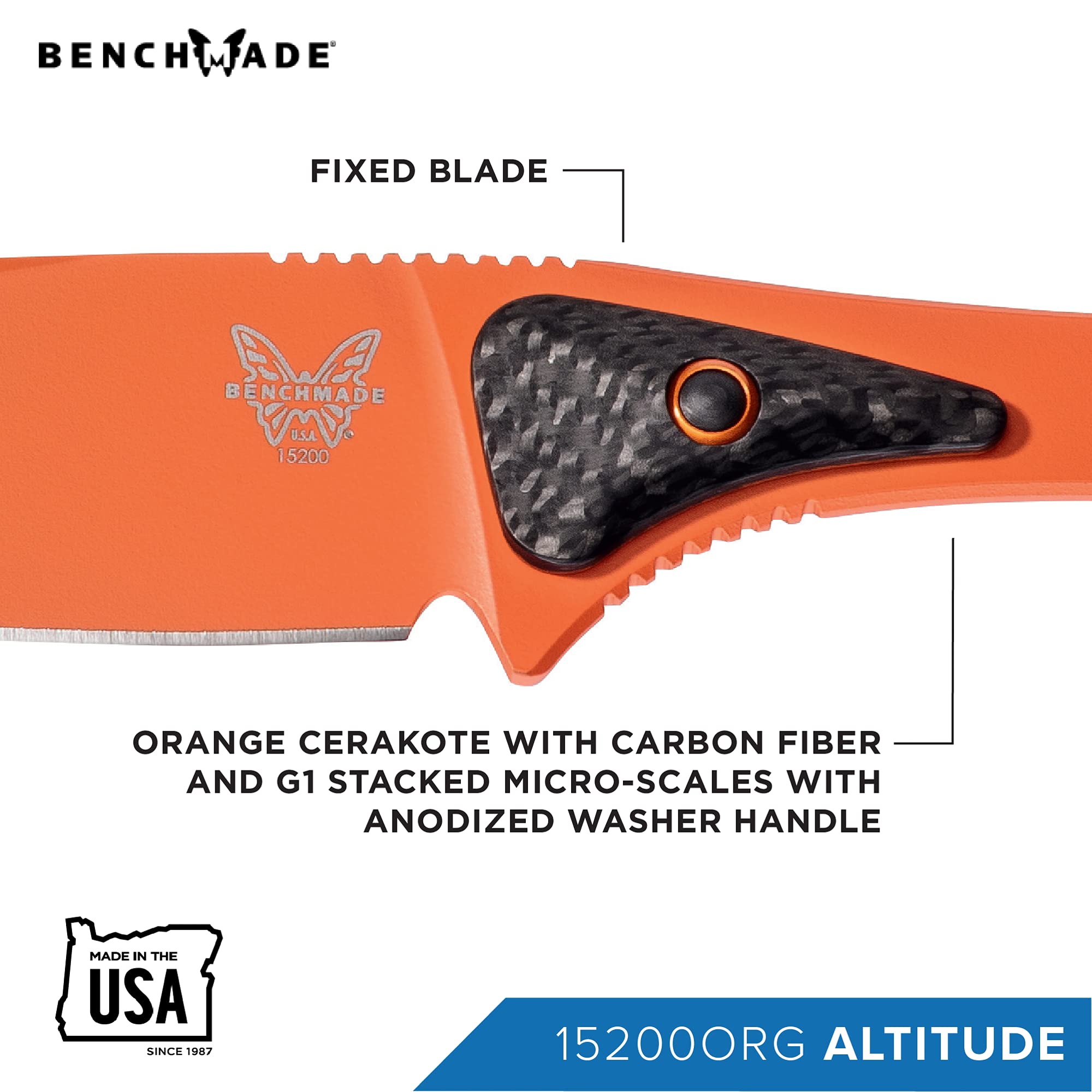 Benchmade - 15200ORG Altitude Knife, Drop-Point Blade, Plain Edge, Orange G10 Handle