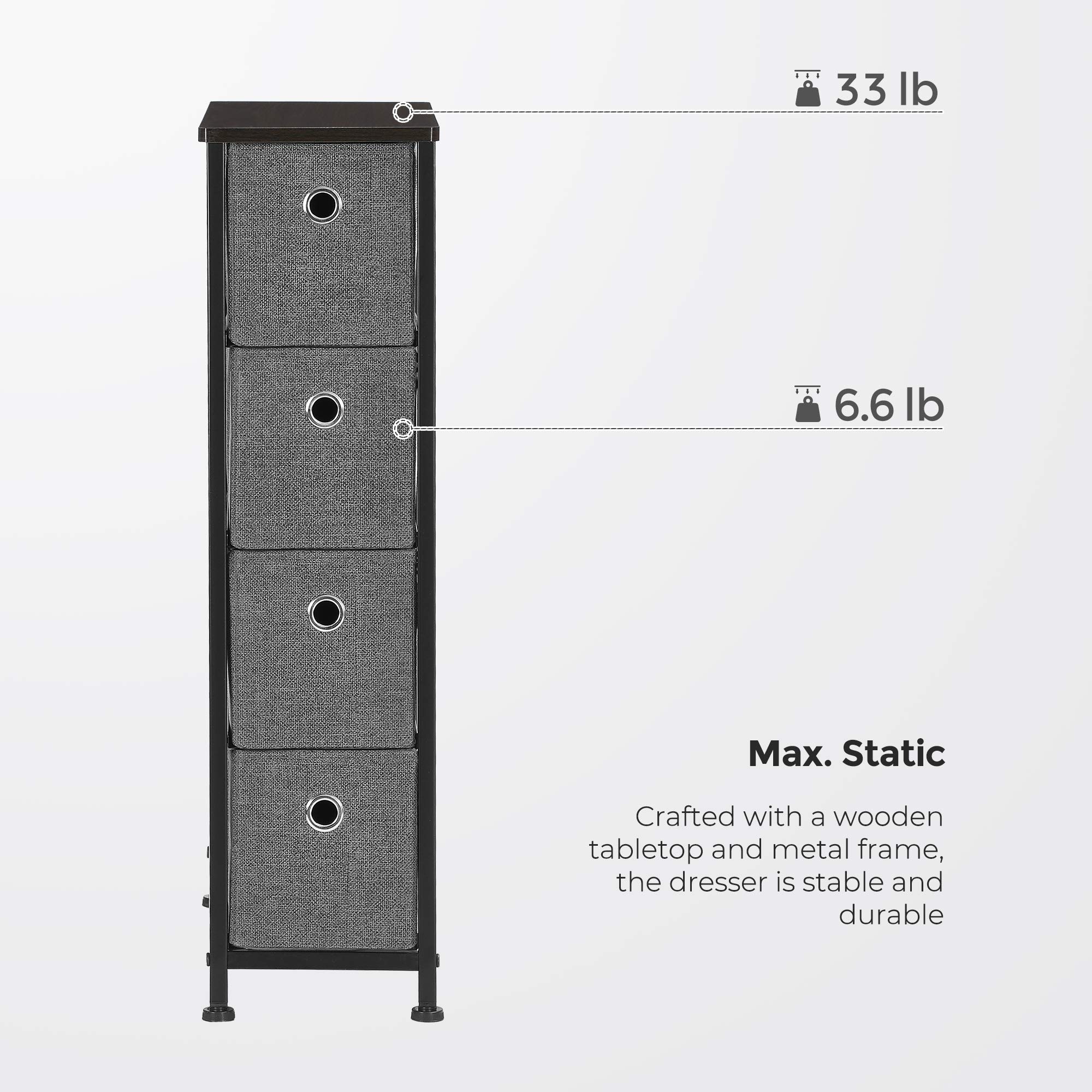 SONGMICS Narrow Dresser with 4 Fabric Drawers Vertical Slim Storage Tower Unit, 7.9",Grey