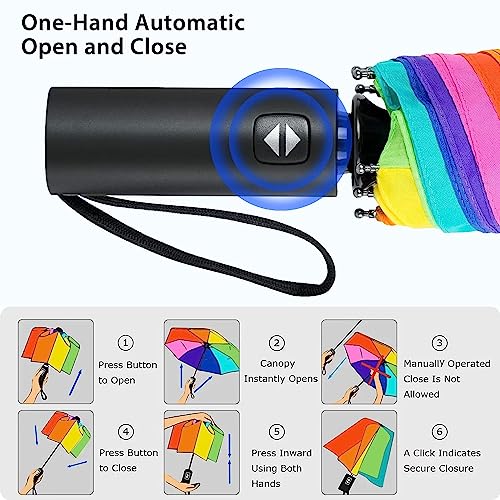 LEAGERA Rainbow Umbrella for Adults - Automatic Travel Umbrellas for Rain&Sun, Small, Compact, Light, Folding and Portable Backpack Umbrella (2 PACK, 37" Single Canopy)