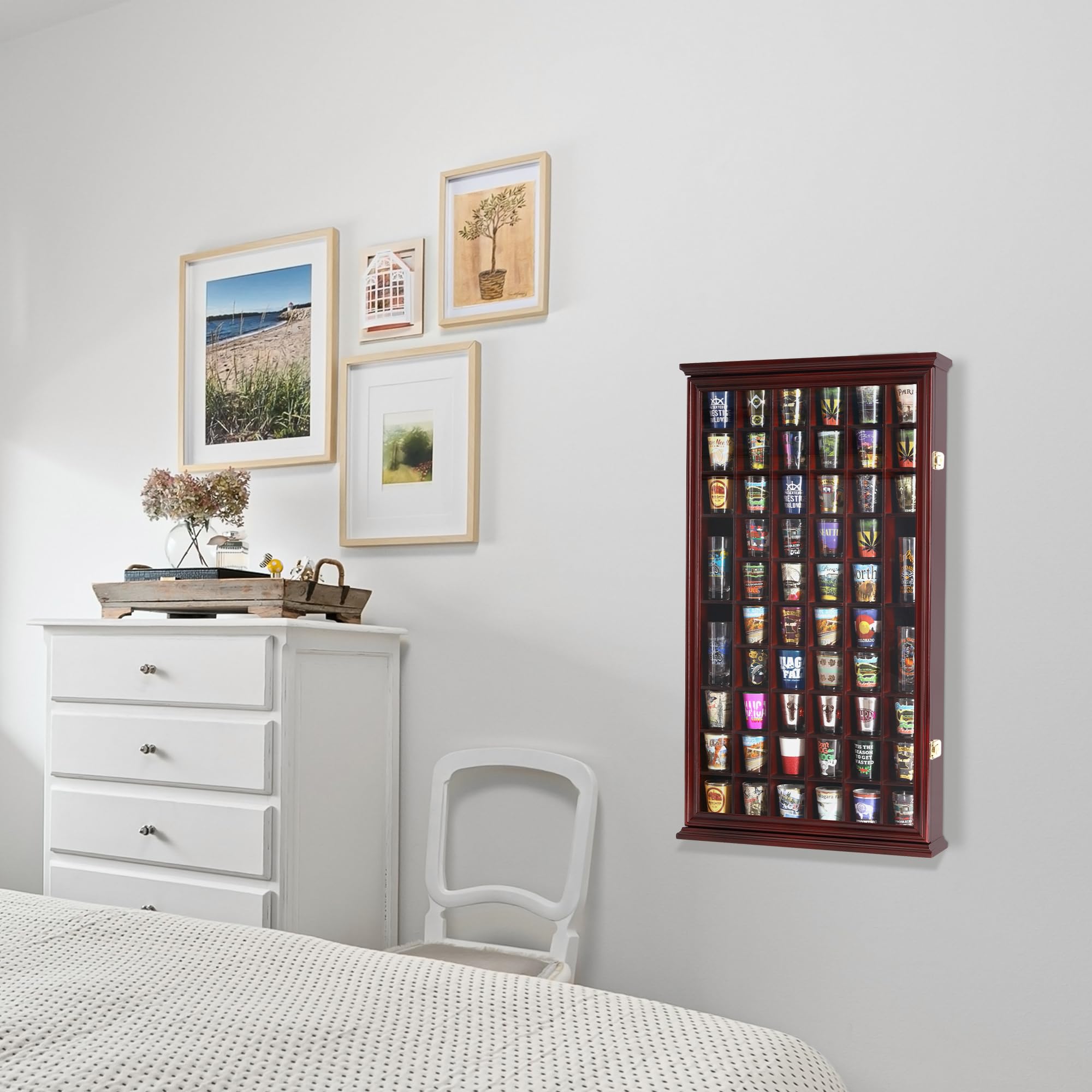 DisplayGifts Solid Wood Shot Glass Shooter Display Case Holder Cabinet Wall Rack Hinged Glass Door 56 Slot Cherry Finish