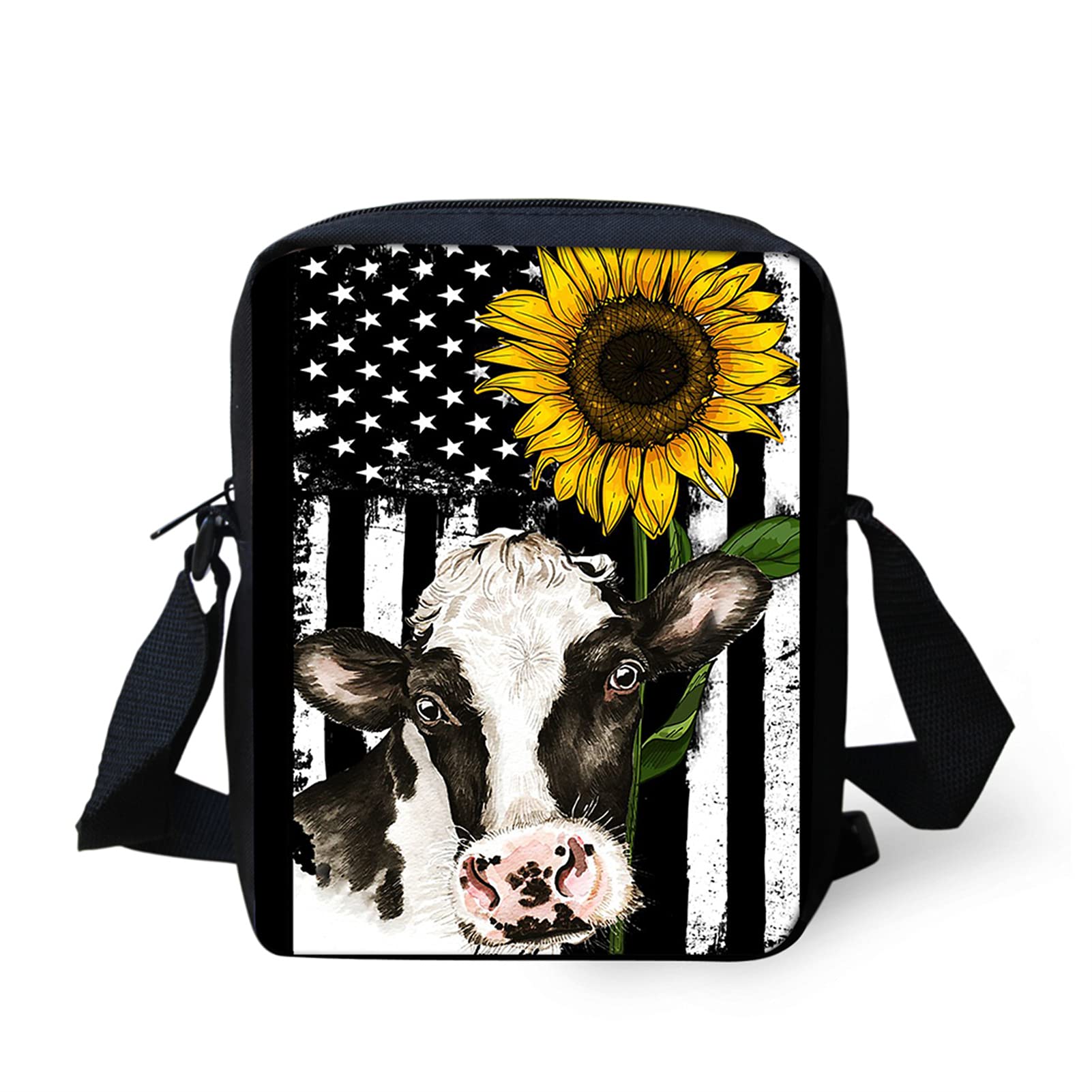 STUOARTE Flag Sunflower Cow Print Fashion Crossbody Bag, Sling Shoulder School Bags for Teenagers Teens Women Gym Sports Purse