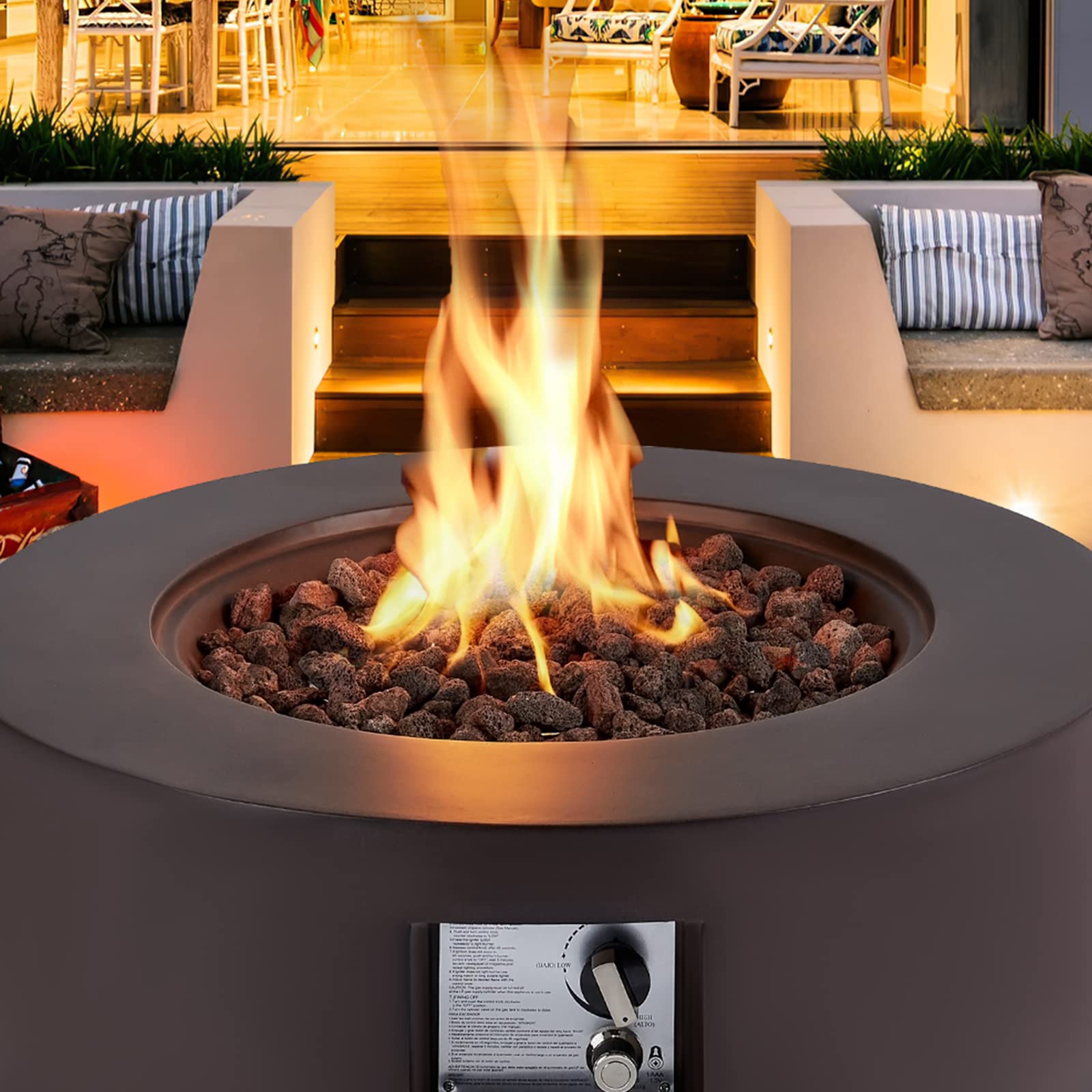 ECOTOUGE 2-Piece Outdoor Propane Firepit Table Set with Tank Table, 30 Inch Auto-Ignition Round Gas Fire Pit, 50,000 BTU Steel Fire Table w/Weather-Resistant Pit Cover, Lava Rocks, Brown
