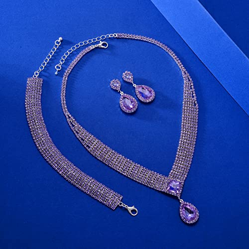 M MIRACULOUS GARDEN 3 Pack Women Rhinestone Crystal Necklace Bangle Bracelet Teardrop Dangle Earrings Jewelry Set for Wedding Party