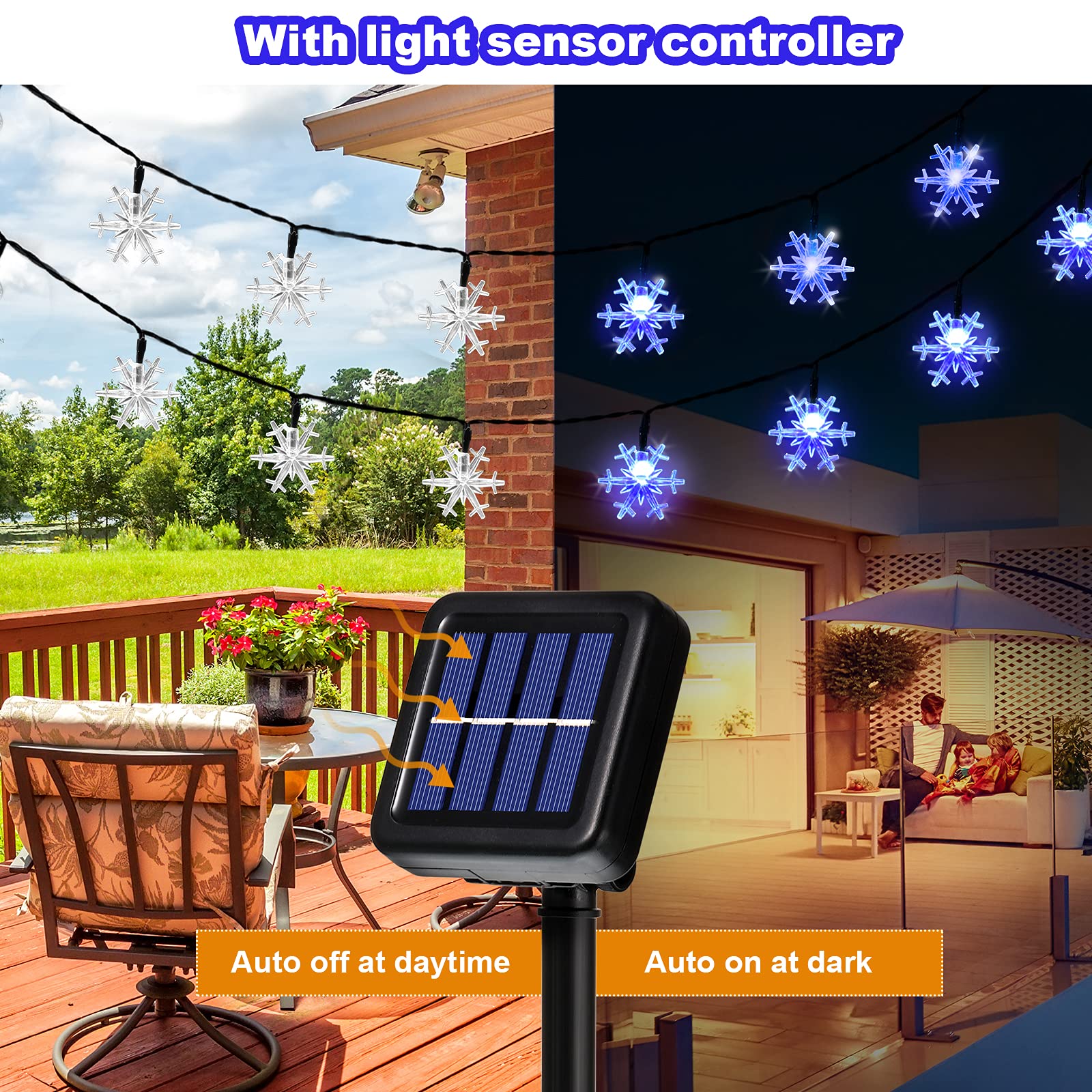 Snowflake Solar String Lights, 50LED 23ft 8 Modes Waterproof Solar Powered String Fairy Lights for Patio Home Gardens Outdoor Holiday Christmas Tree Party Decorations (Blue)