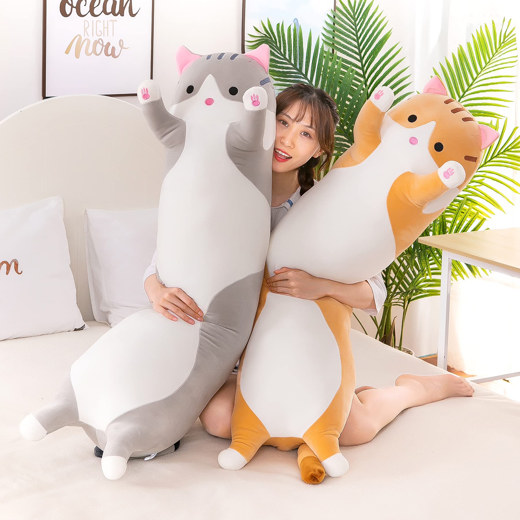 SNOWOLF Cute Cat Plush Long Body Pillow, 43 inch Cat Stuffed Animals Plushie Toy Soft Throw Sleeping Cotton Kitten Pillow Gift for Kids Girls (Gray, 43.3")