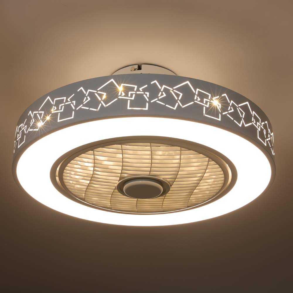 Ceiling Fan Light, Enclosed Round LED Dimmable Ceiling Lighting Fan with Invisible Blades,Semi Flush Mount Low Profile Fan W/Remote Control for Bedroom Office Living Room Children's Room 110V