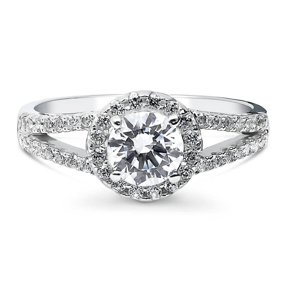 BERRICLE Sterling Silver Halo Wedding Engagement Rings Round Cubic Zirconia CZ Promise Split Shank Ring for Women, Rhodium Plated Size 7