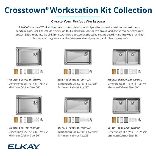 Elkay Crosstown 16 Gauge Workstation Stainless Steel, 31-1/2" x 18-1/2" x 9" Equal Double Bowl Sink Kit with Aqua Divide