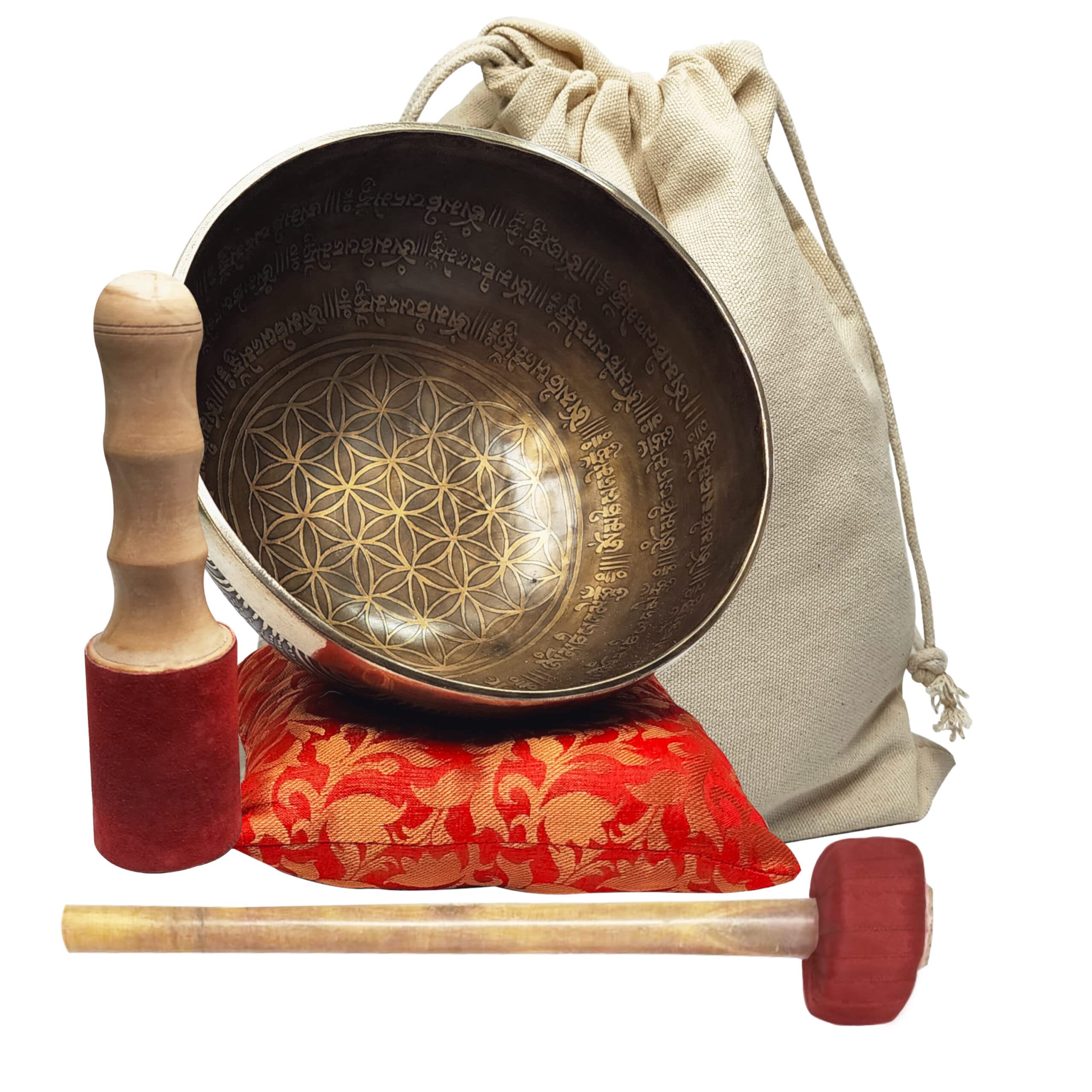CRAFTSTRIBE 10" Large Hand Hammered Tibetan Carving Singing Bowl Meditation Healing Bowl with Mallet and Silk Cushion Golden