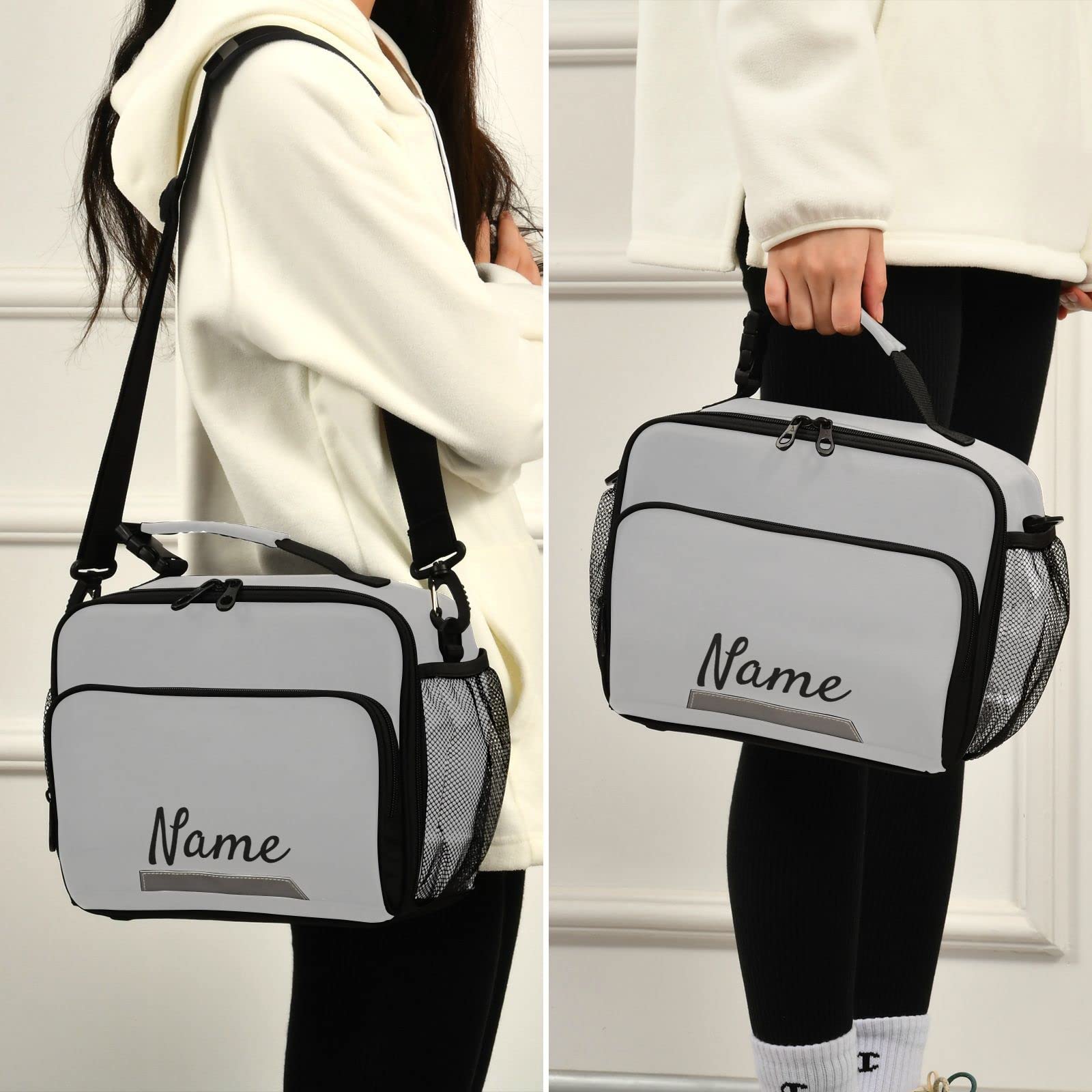 Custom Grey Kids Lunch Bag personalized your name Insulated Lunch Bags Reusable Lunch Box Lunch Tote Bag for School Office Work Picnic