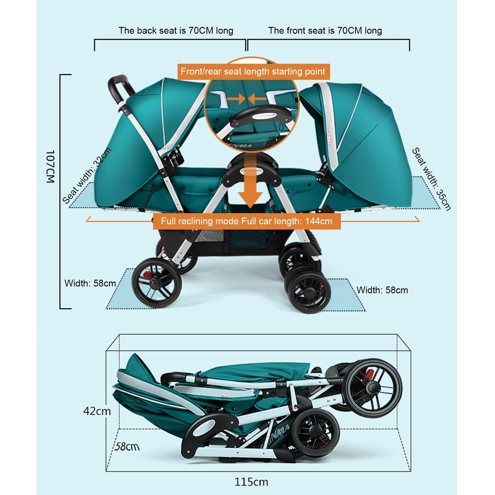 Double Infant Stroller,Baby Stroller Twins-Cozy Compact Twin Stroller,Twin Baby Pram Stroller,Oversized Canopy, Double Seat Tandem Stroller with Tandem Seating,Easy Foldable (Color : Pink)