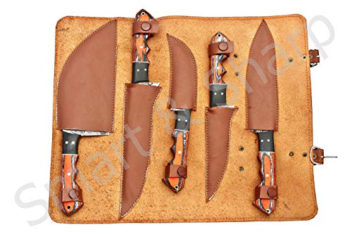 Custom Handmade Damascus Chef Knives Set/Kitchen Knives 5 Pieces Set SS-17211 (Orange and Black Color Wood)