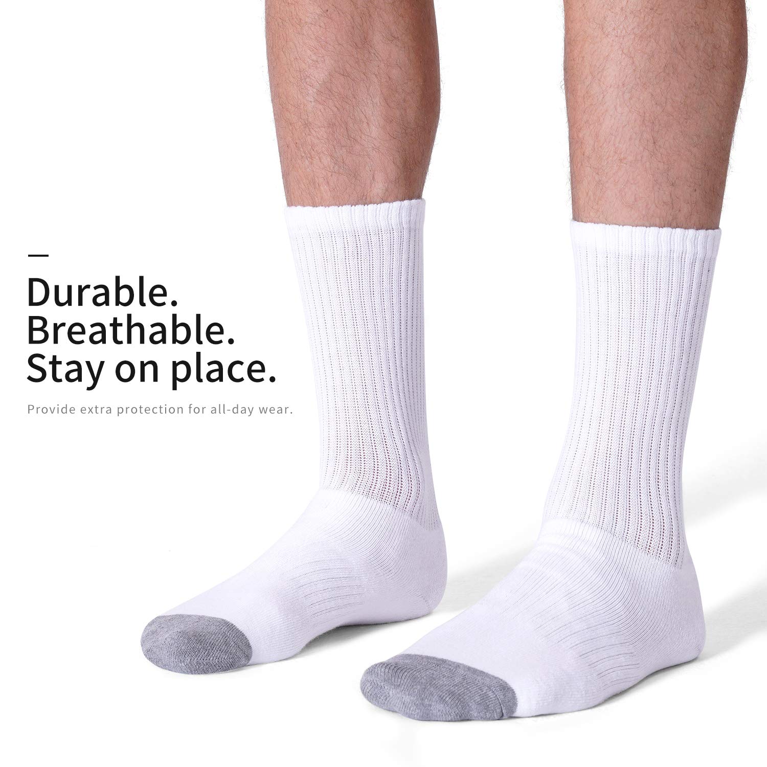 CelerSport 6 Pack Men's Athletic Crew Socks, Work Boot Socks with Full Cushion, White, Shoe Size: 12-15