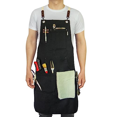 Stenffy Handmade Work Aprons,Cotton Canvas Aprons,Multiple Pockets,Adjustable Cross Back Weight Apron,BBQ,Cafe,Chef,Carpenter Apron,Aprons for Men&Women,Sizes M to XXL,Black Apron
