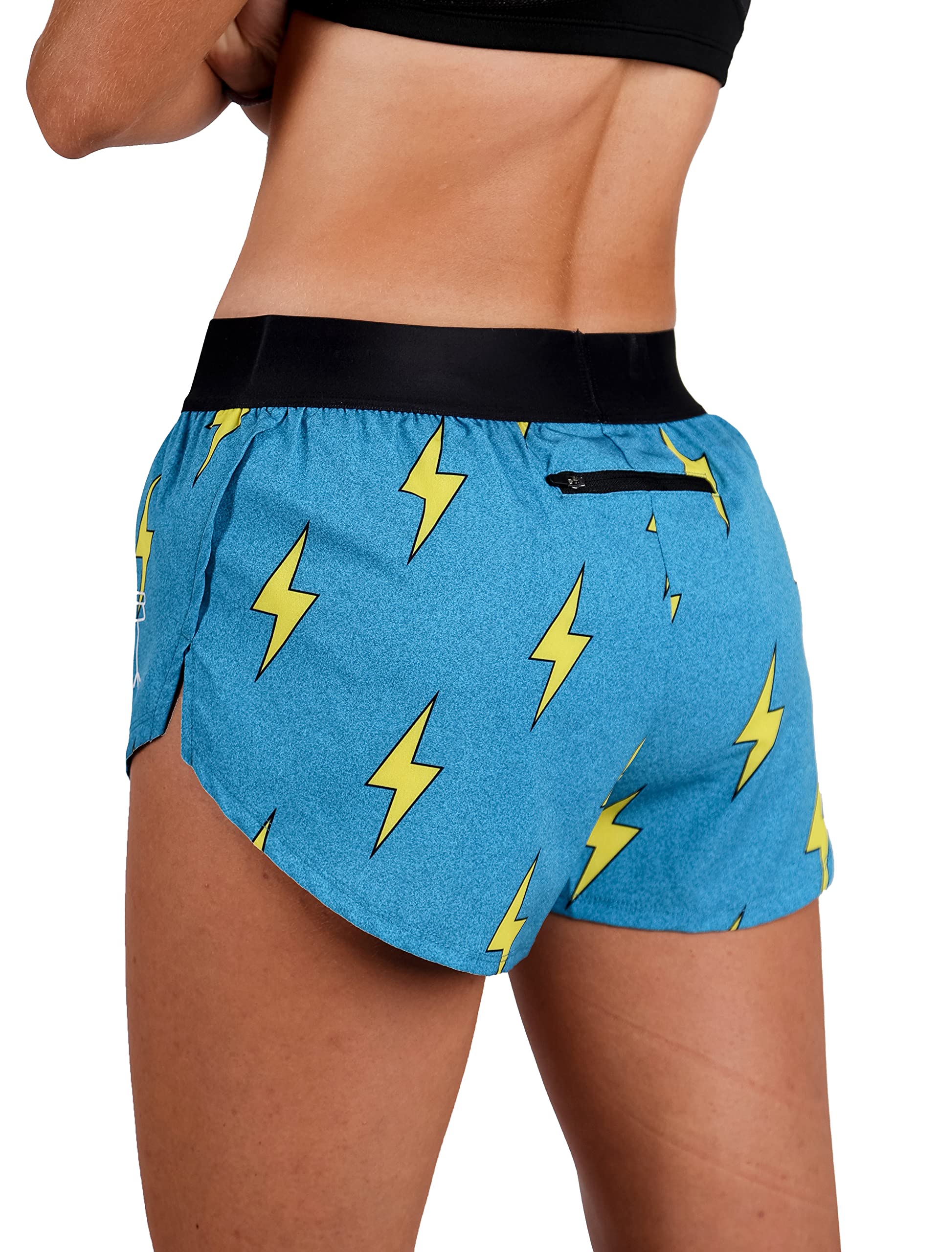 ChicknLegs Women's 1.5" Split Running Shorts (S, Blue Bolts)