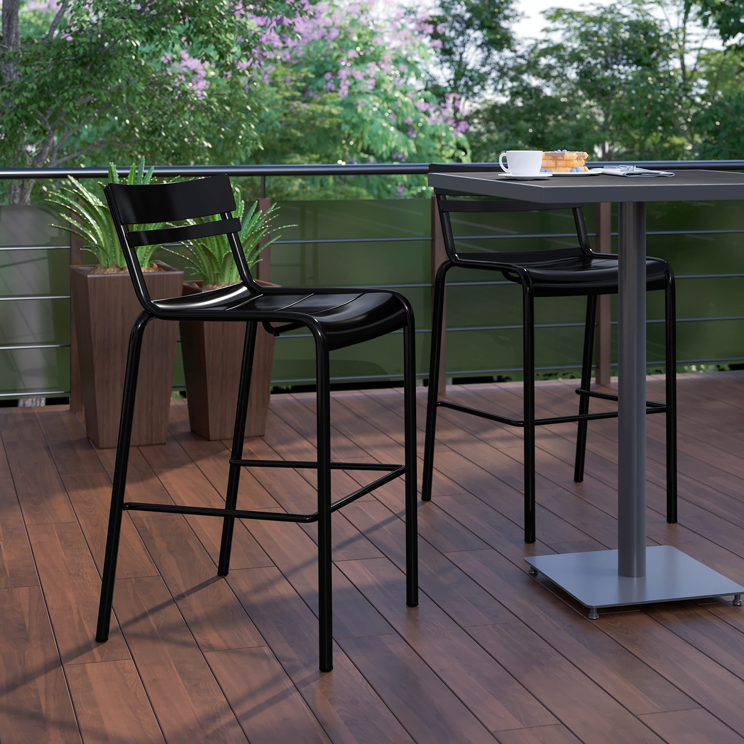 Flash Furniture Nash Commercial Grade Steel Stack Stool, Indoor-Outdoor Bar Stool with 2 Slat Back, Set of 4, Black