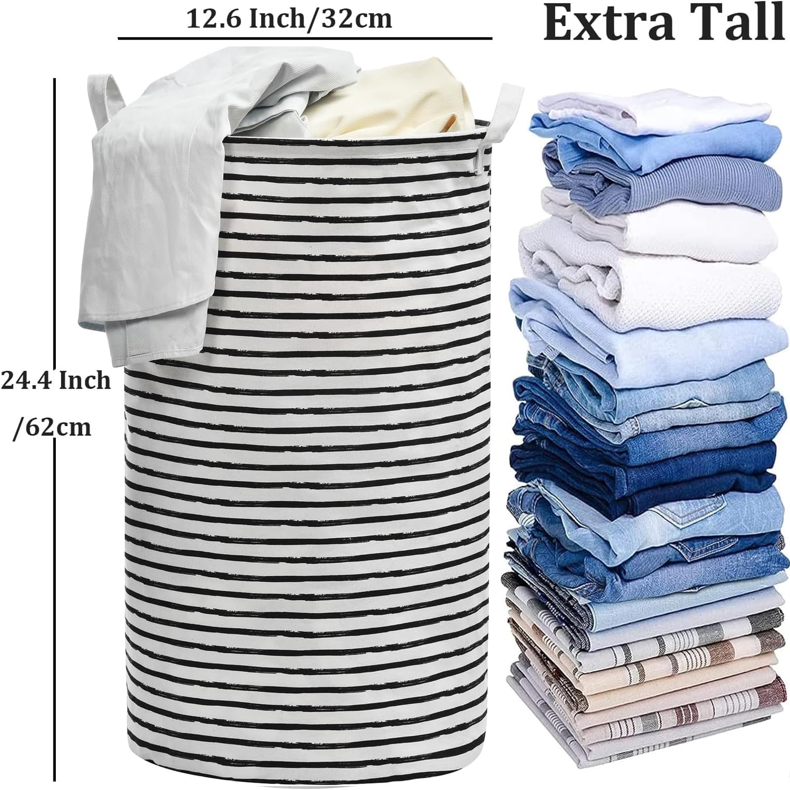 Haundry Thickened Tall Laundry Basket with Handle, Large Collapsible Round Laundry Hamper Bin Laundry Bag for Clothes Storage (Grey Stripe)