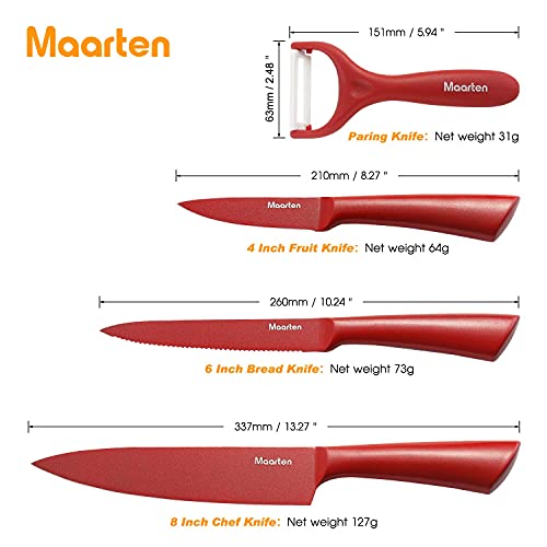 Maarten Kitchen Knives Set - 4 Piece Stainless Steel Chef Knife Set with Sheath - Boxed Knife Sets Gifts for Family (Red)