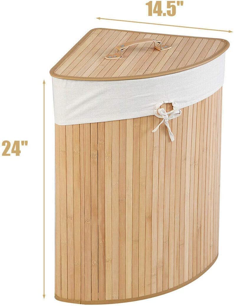 GOFLAME Corner Bamboo Laundry Hamper with Lid and Removable Liner, Washing Clothes Basket Storage Bin with Handle, Suitable for Bedroom, Bathroom, Laundry (Natural)