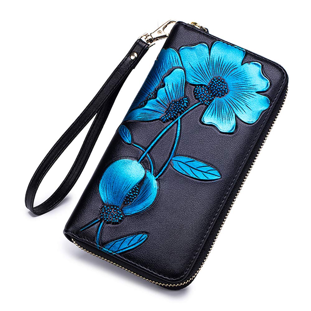 TIANHONGDAISHU Women RFID Blocking Genuine Leather Wallet Hand Painted Flowers Ladies Wristlet Wrist Strap Long Purse Large Capacity Multi-Slots Card Case Zipper Coin Pocket, Blue Bauhinia, M, Modern